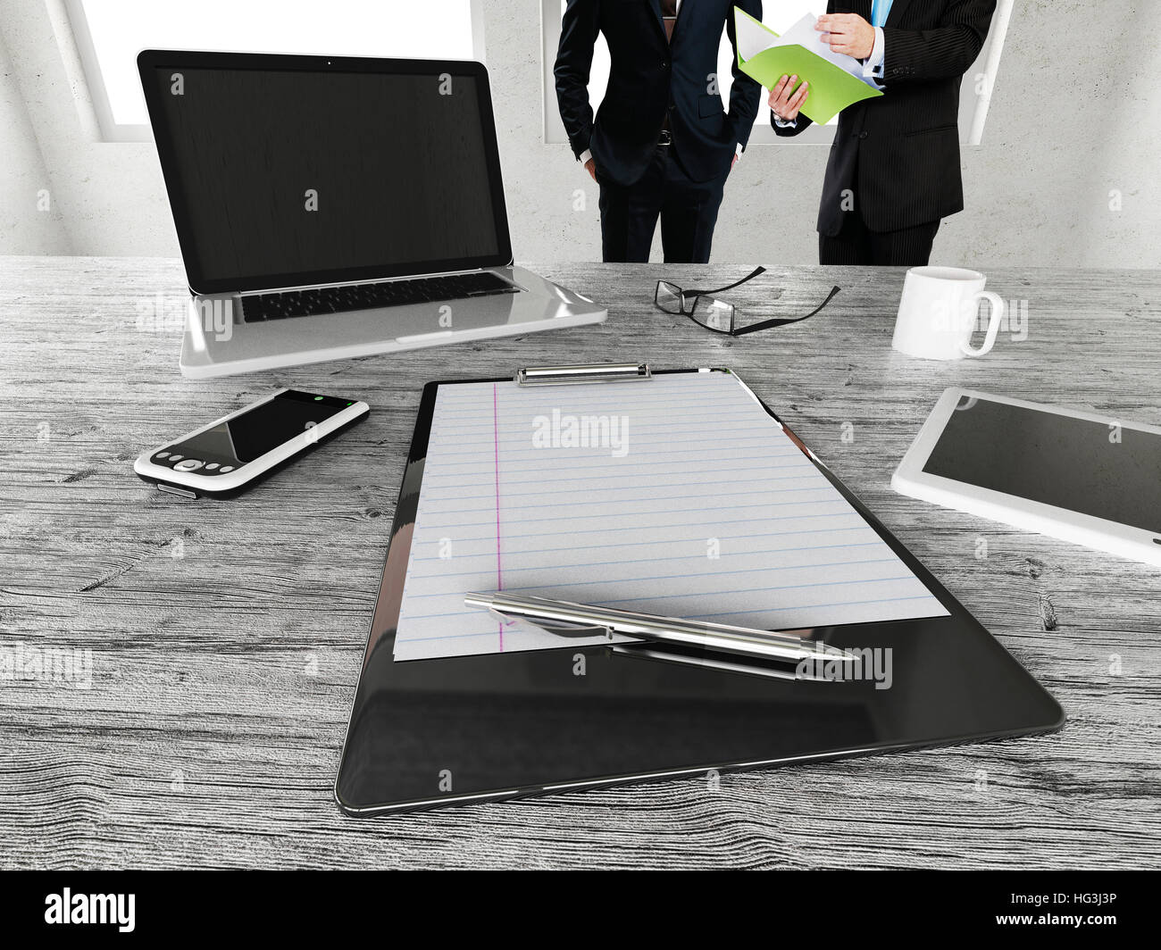 Business meeting in a beautiful office space including desk with laptop ...