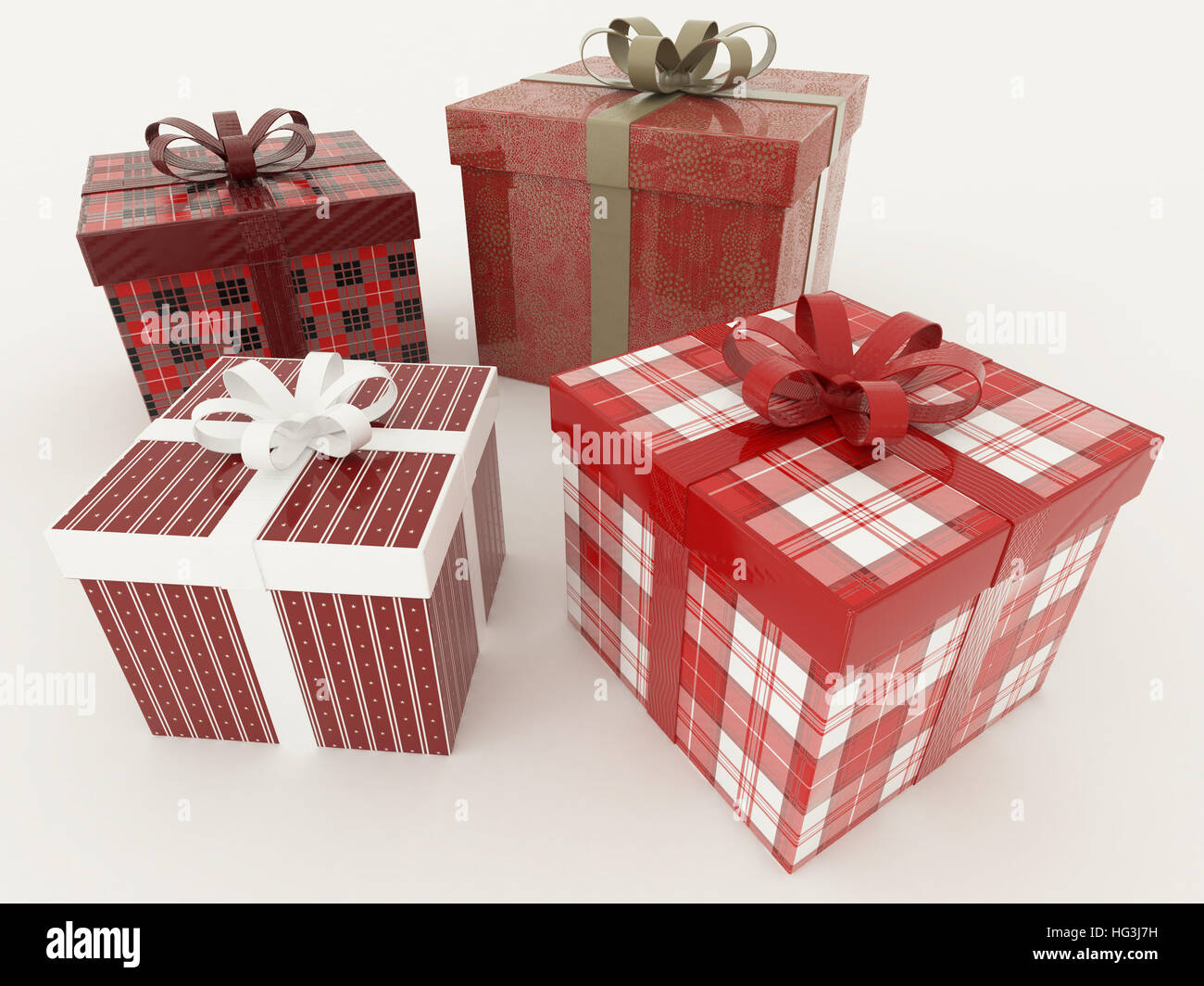 3D render of a red and white wrapped holiday presents with ribbons on ...