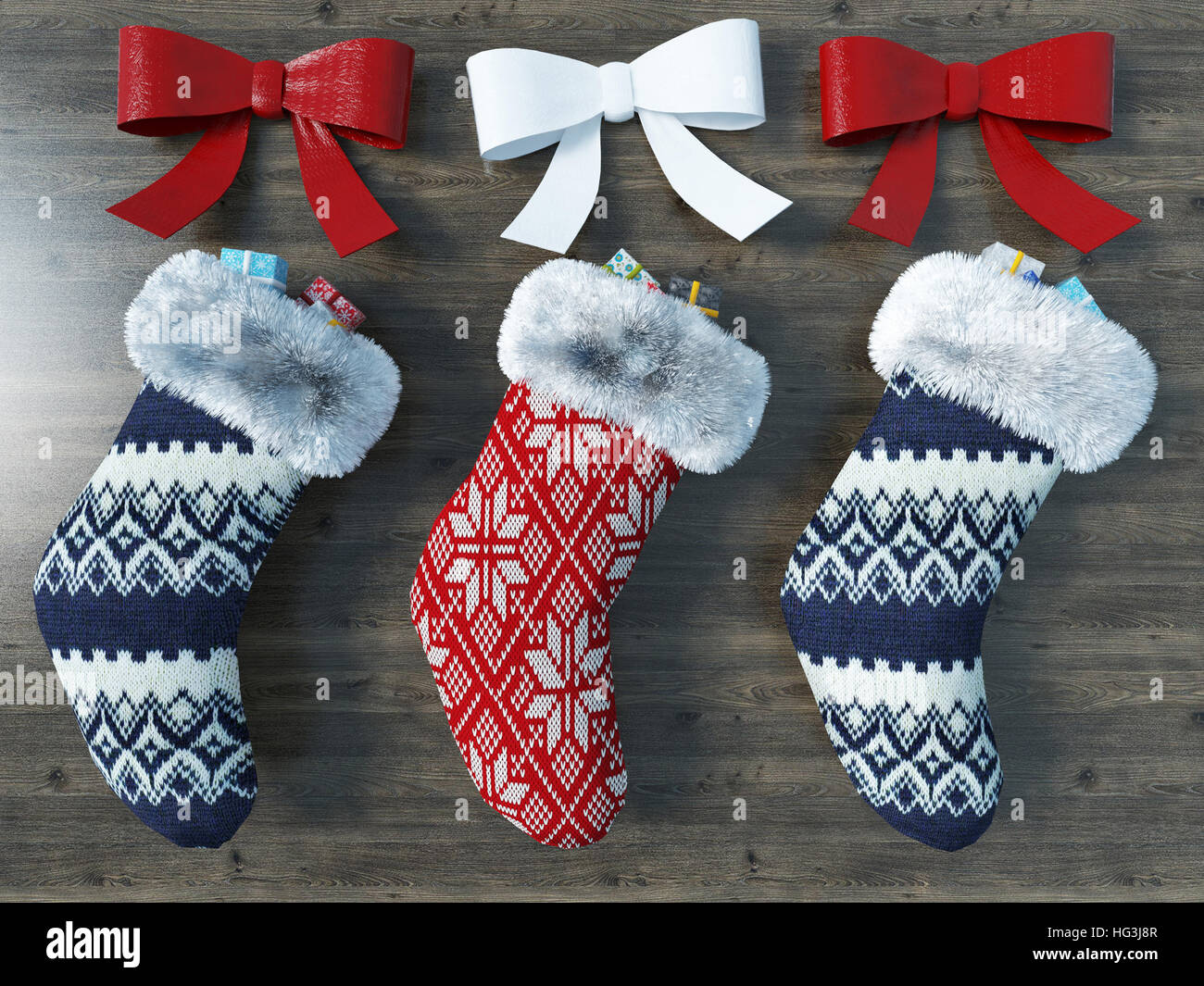 3D render of a beautiful red and blue Christmas socks with ribbons ...