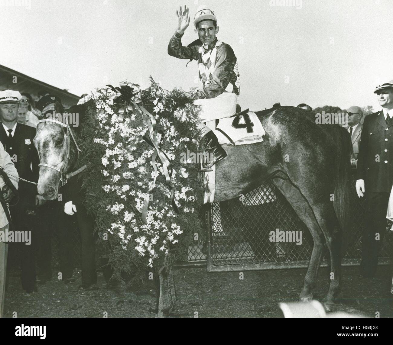 Native Dancer, with jockey Eric Guerin aboard, is decorated with a ...