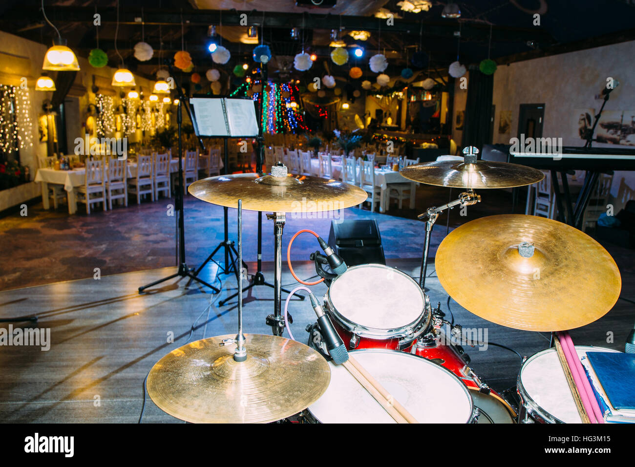 microphone and instruments on the stage Stock Photo - Alamy
