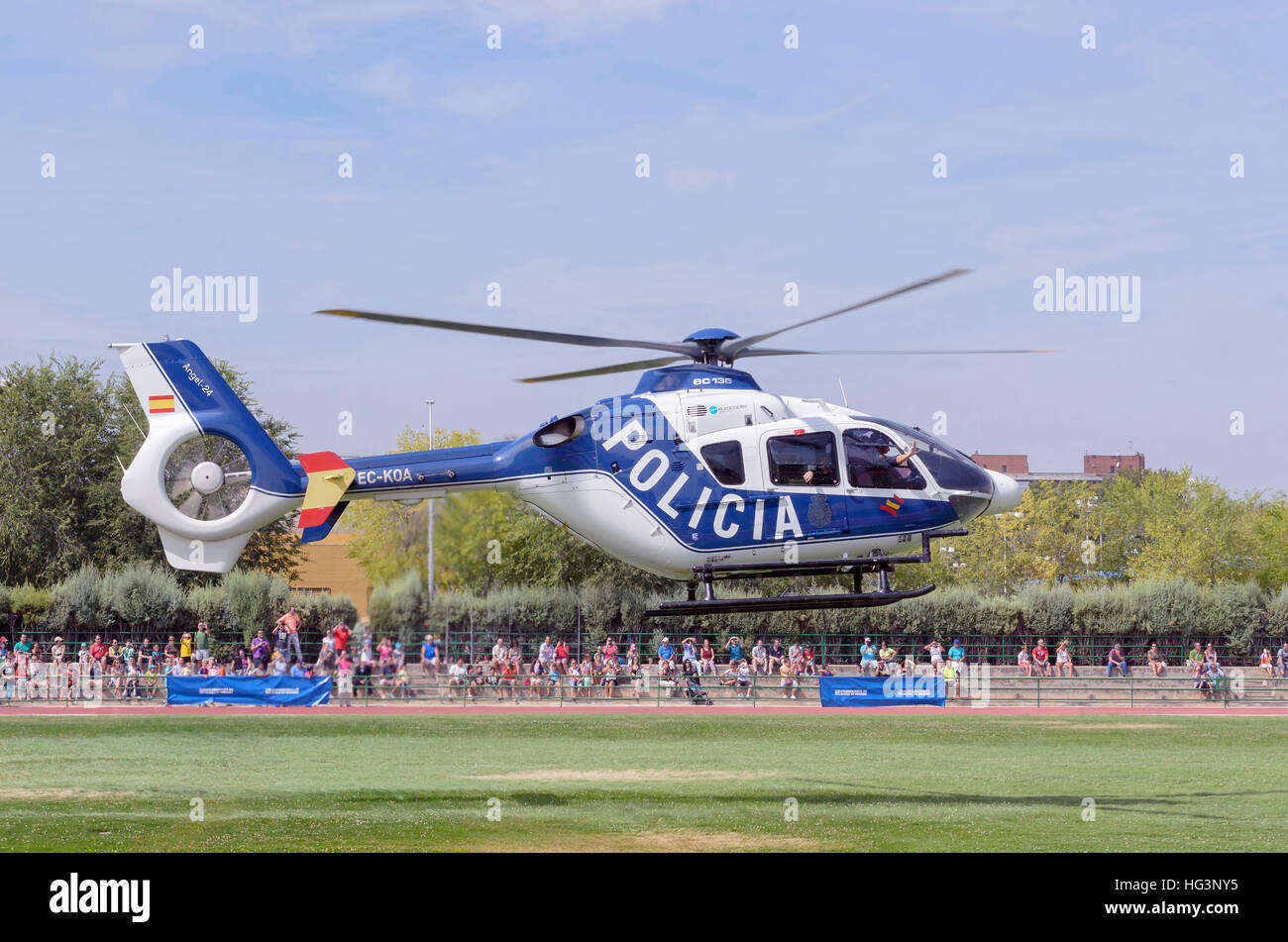 Spanish police helicopter is taking off, during an airshow of spanish ...