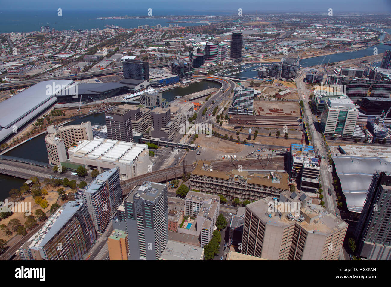 Aerial view of the River Yarra and City of Melbourne Victoria Australia ...