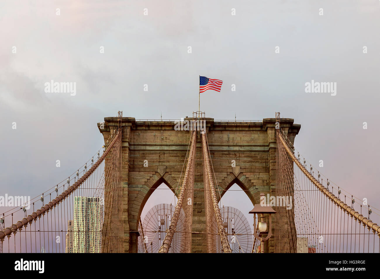 Brooklyn Bridge in New York American flag - star and stripes floating ...