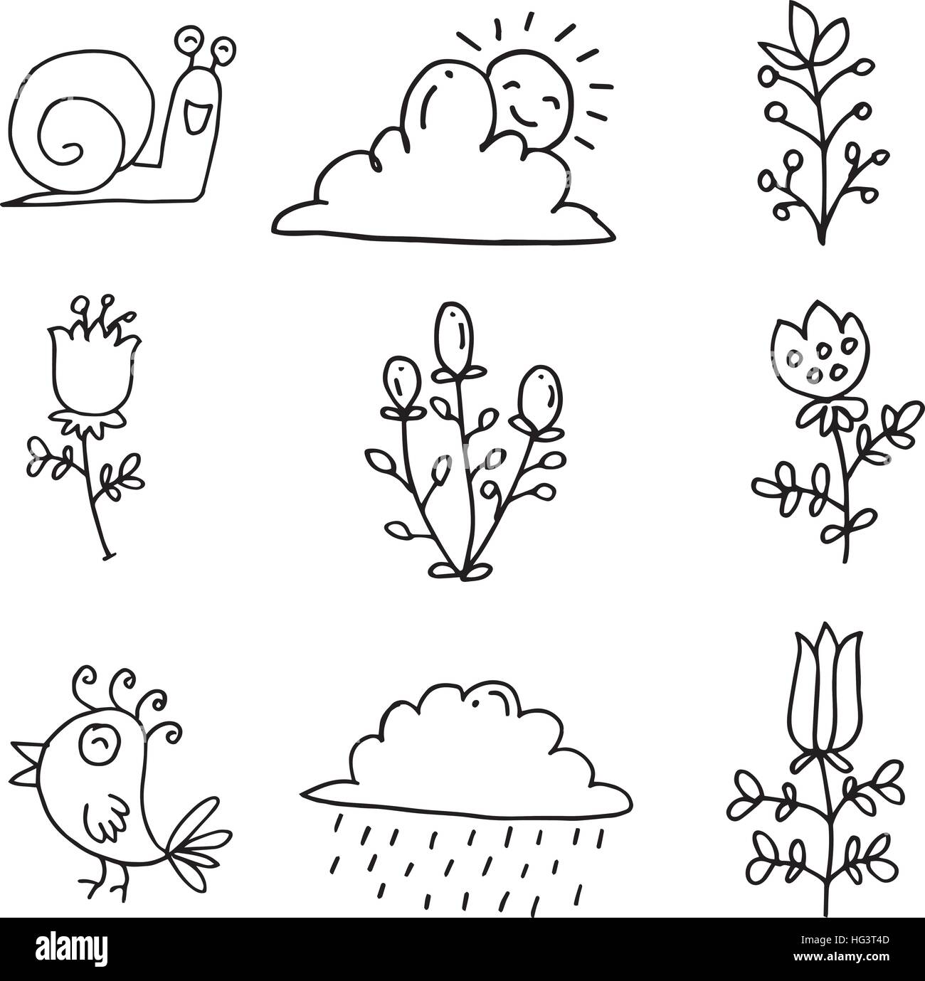 Vector illustration spring doodles Black and White Stock Photos ...