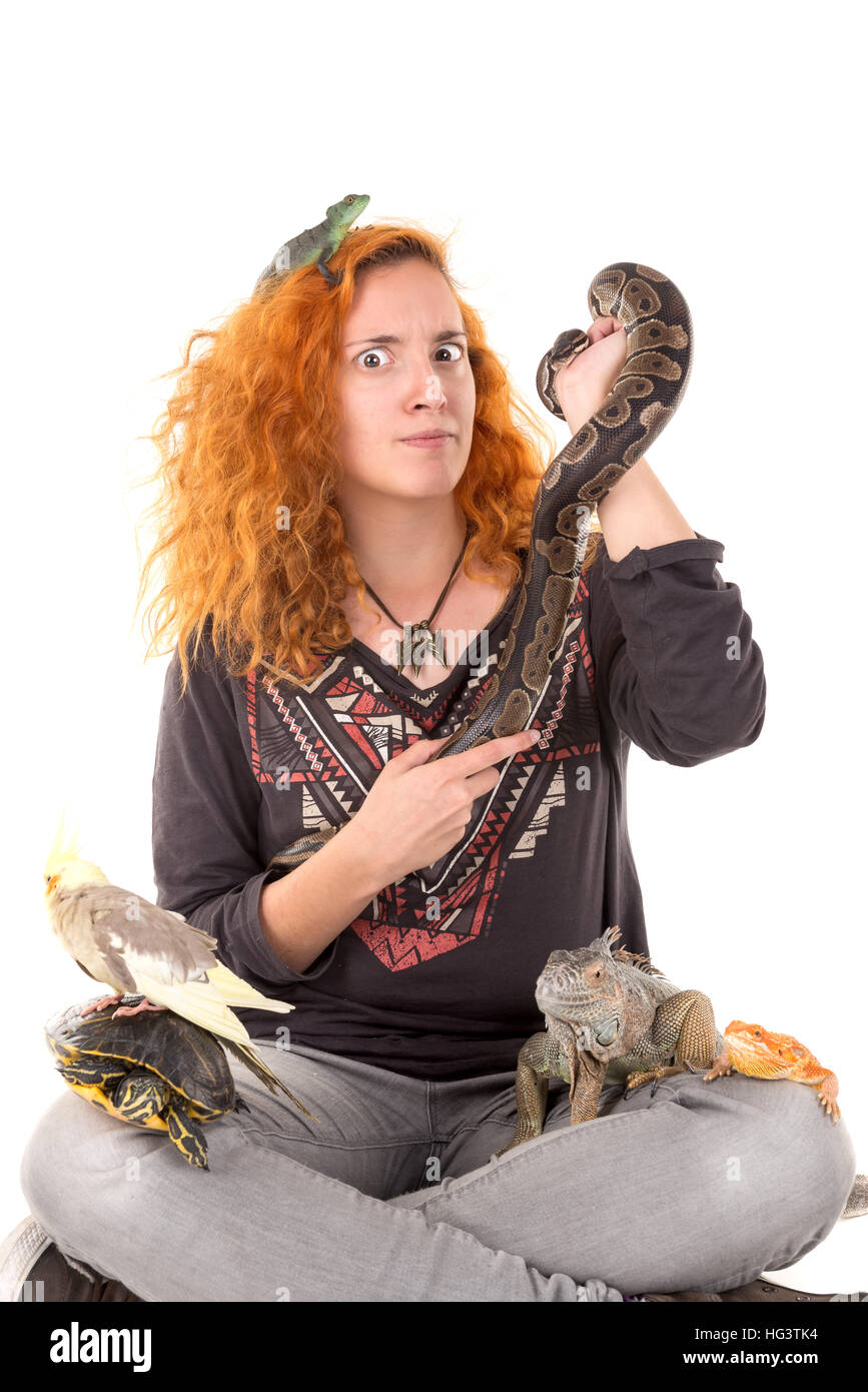Girl with several pet animals isolated in white Stock Photo - Alamy