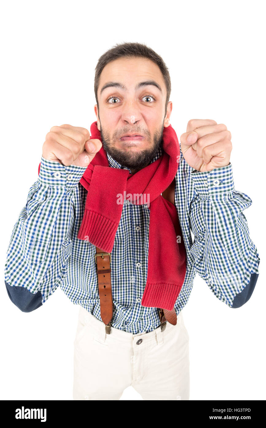 Happy nerd posing isolated in a white background Stock Photo - Alamy