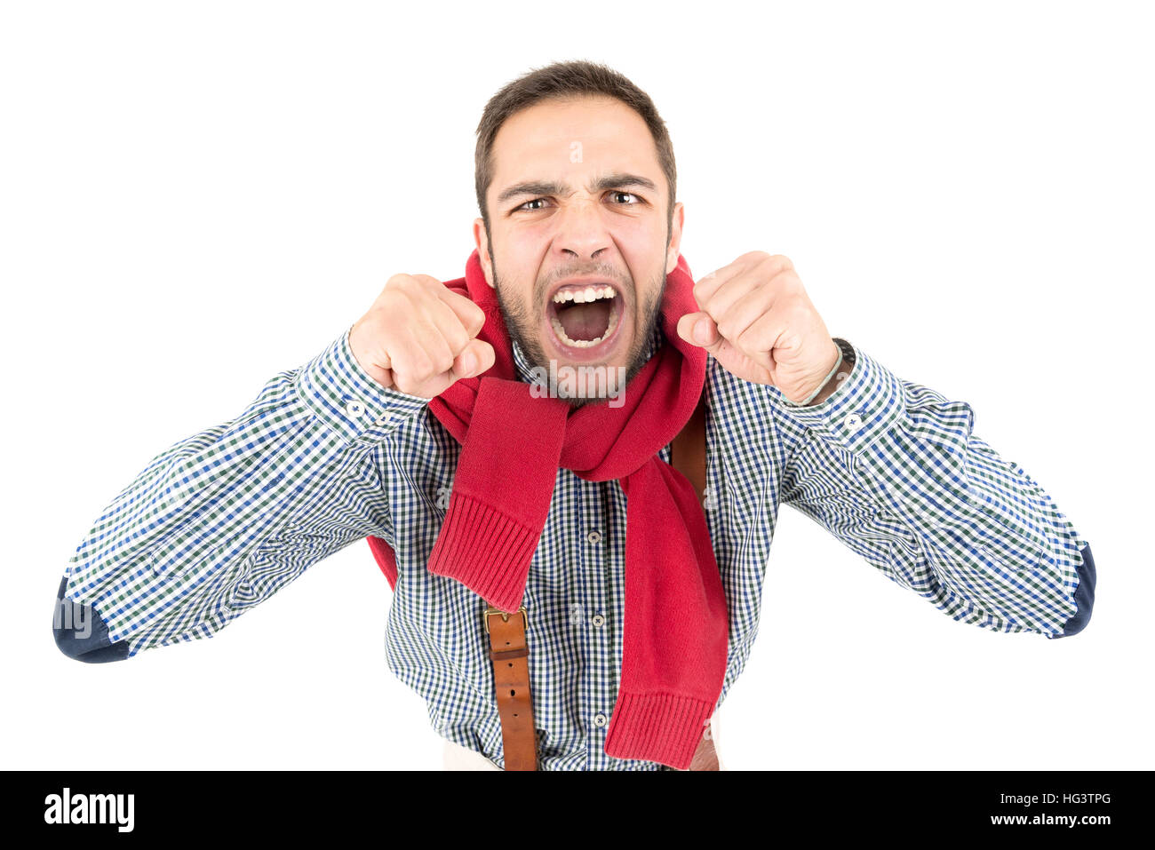 Angry nerd posing isolated in a white background Stock Photo - Alamy