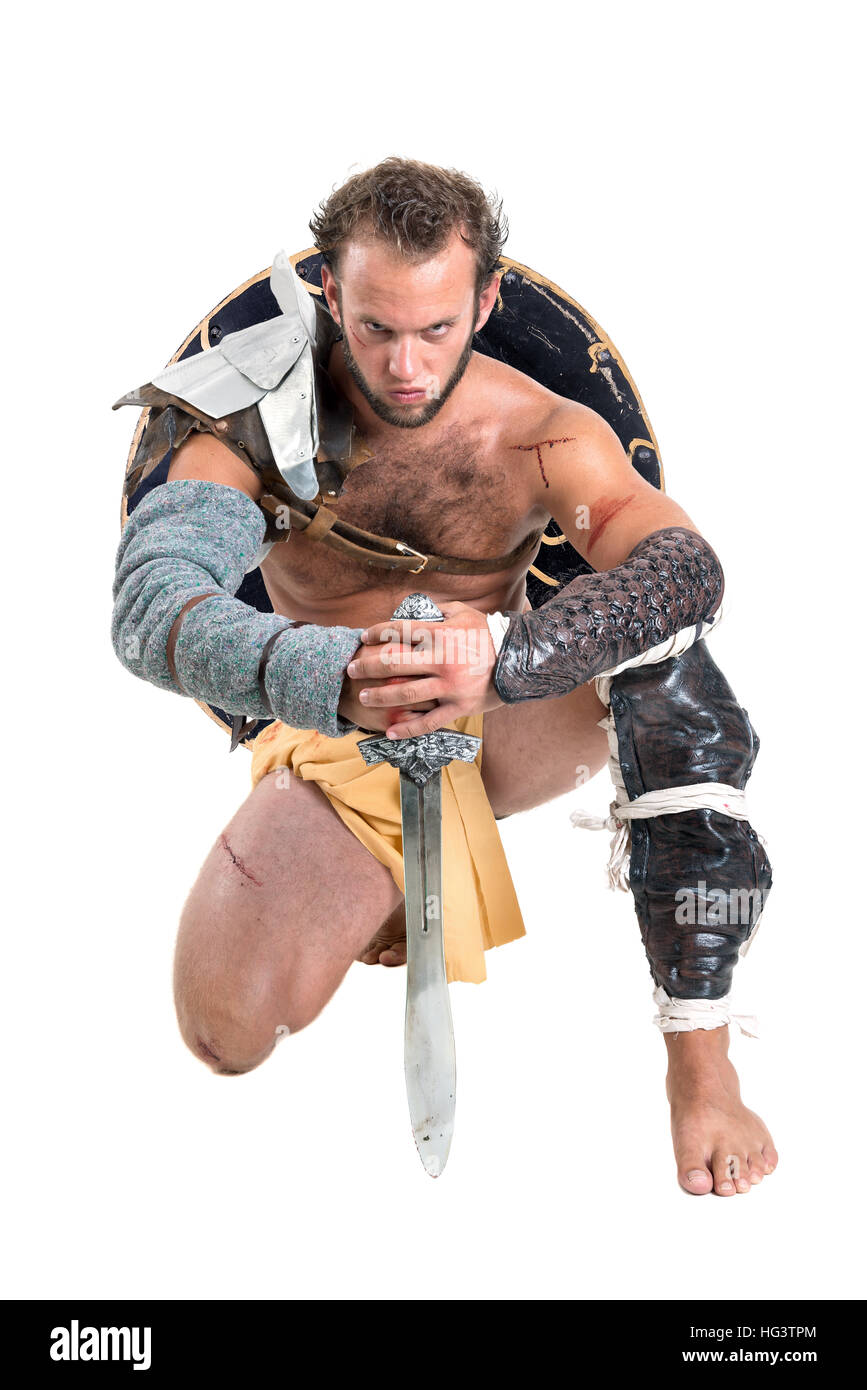 Ancient warrior or Gladiator isolated in a white background Stock Photo ...