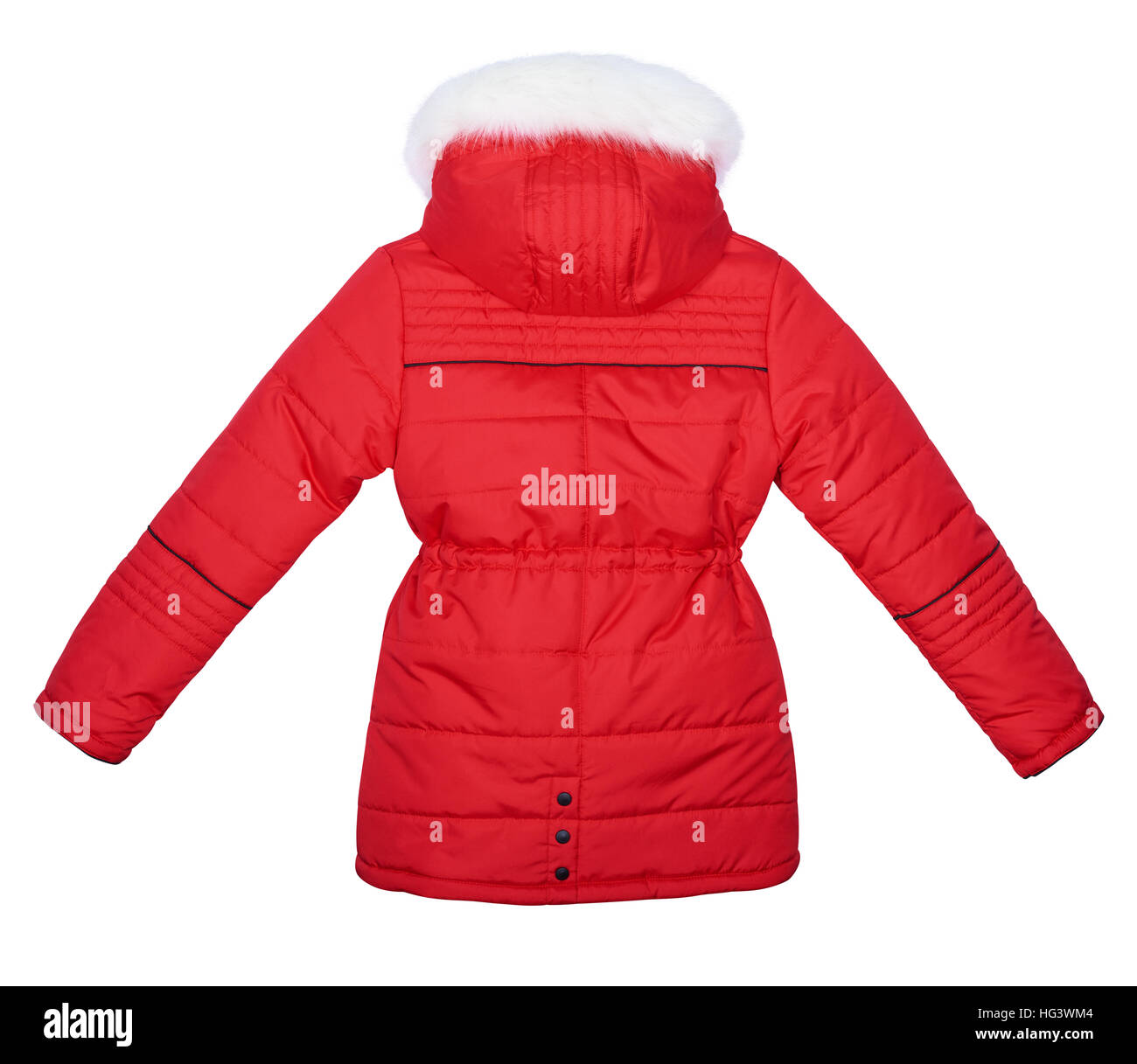 Children's red jacket with hood trimmed with fur. Isolated on white ...