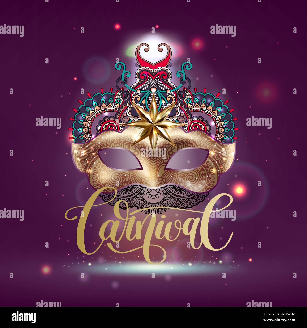 3d gold venetian carnival mask with ornamental floral feather Stock ...