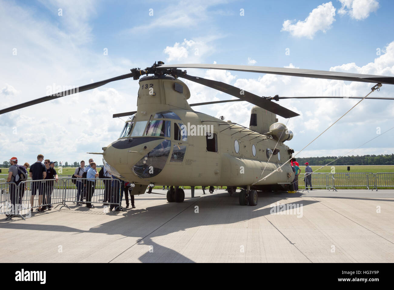 New US Army Boeing CH-47F Chinook helicopter on display at the ILA airshow at Berlin Schoneveld ...