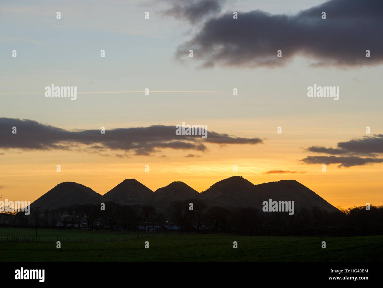 The Five Sisters Shale bings near West Calder, Scotland. The bings are ...