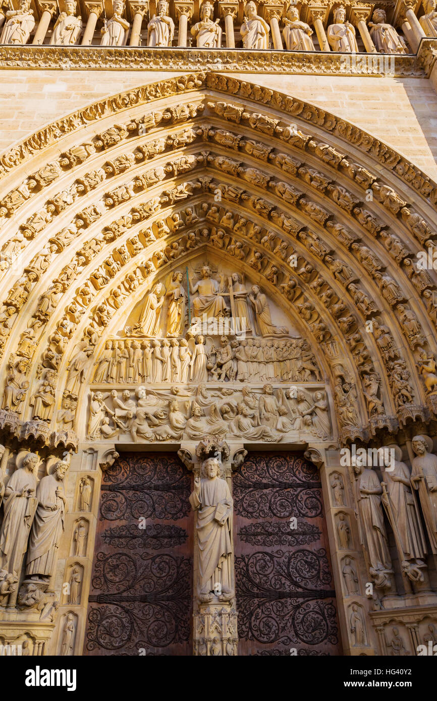 front portal of the famous cathedral Notre Dame in Paris, France Stock ...