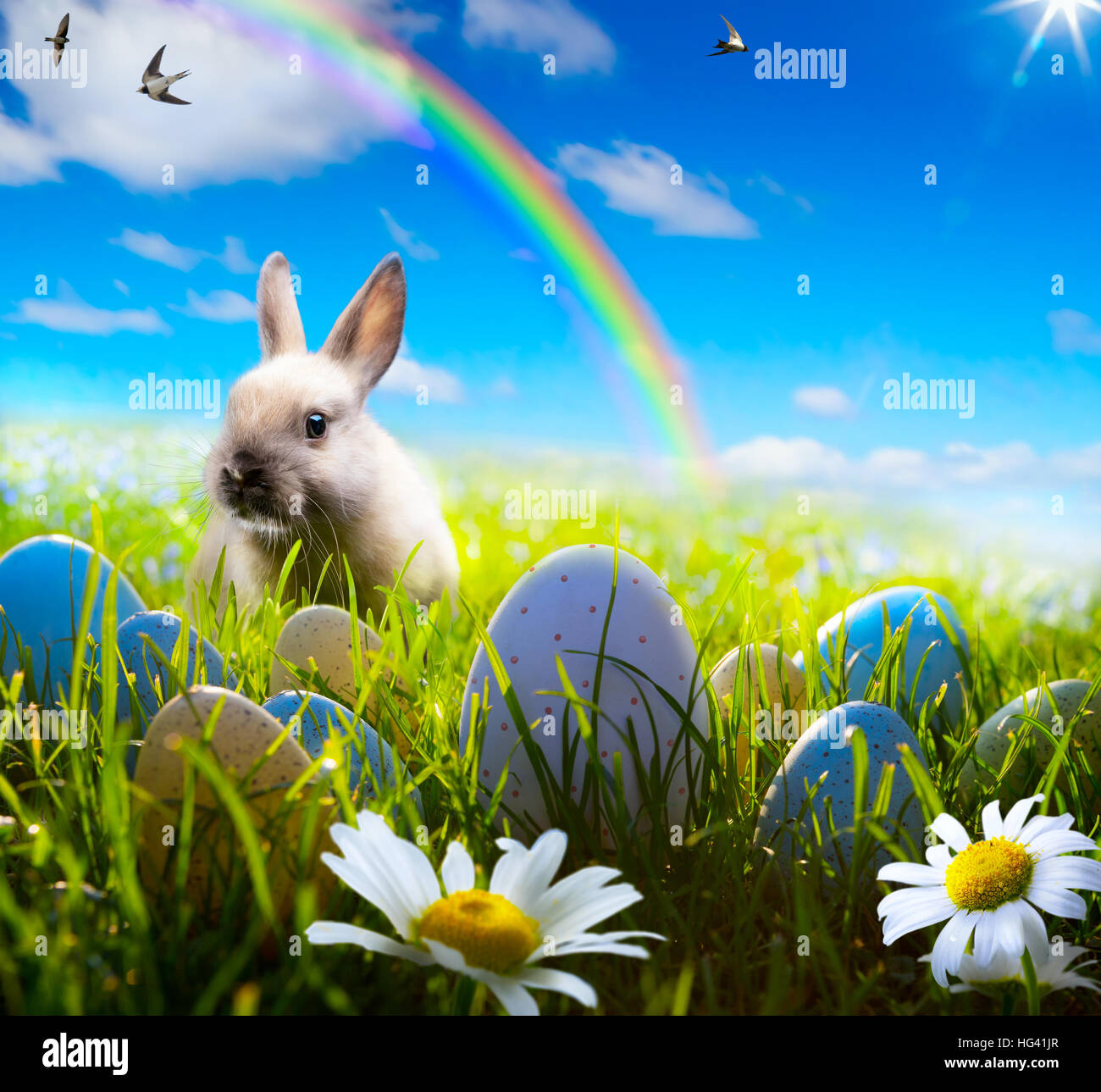 art easter bunny and easter egg on spring field Stock Photo - Alamy