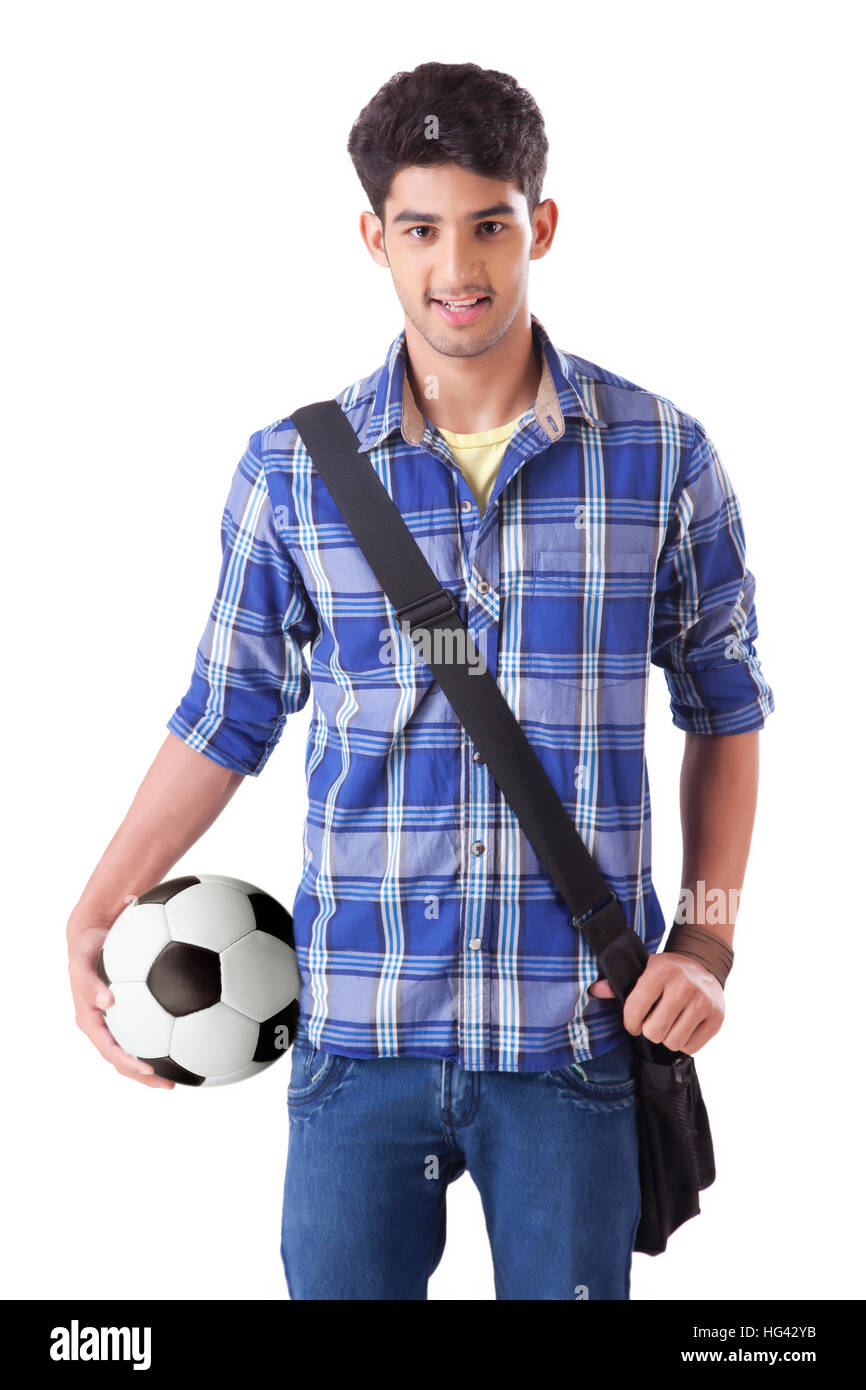 Portrait Of Smiling Young Student Holding Football And Carrying Hand ...