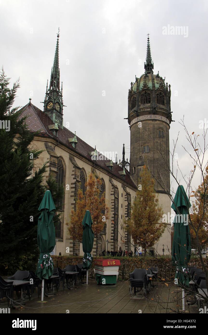 Exterior view of the castle church at Wittenberg. In 1517, Martin ...