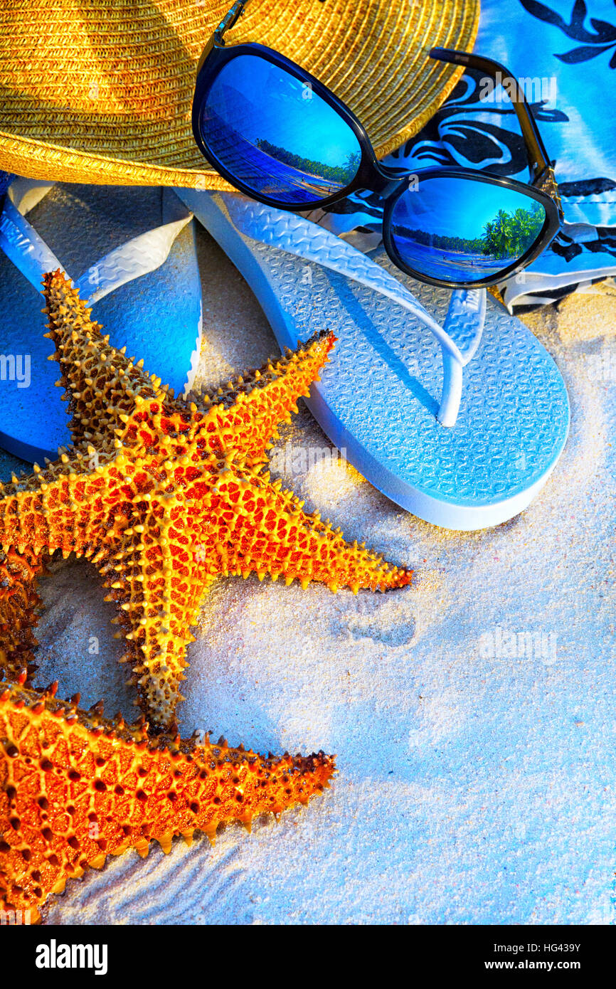 Art Summer holidays sea beach background. Pair of flip- flops in the ...