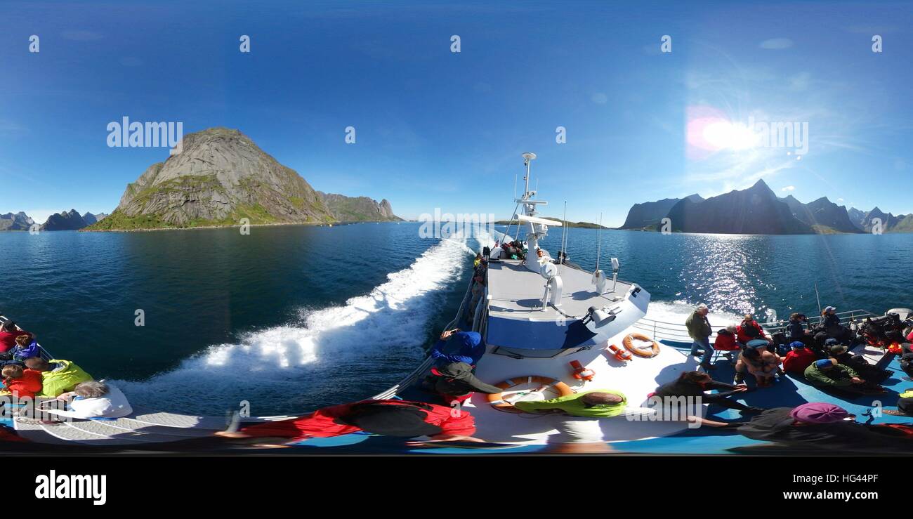 420 x 180 degree panorama: on a ferry boat on the Reinefjord Lofoten ...