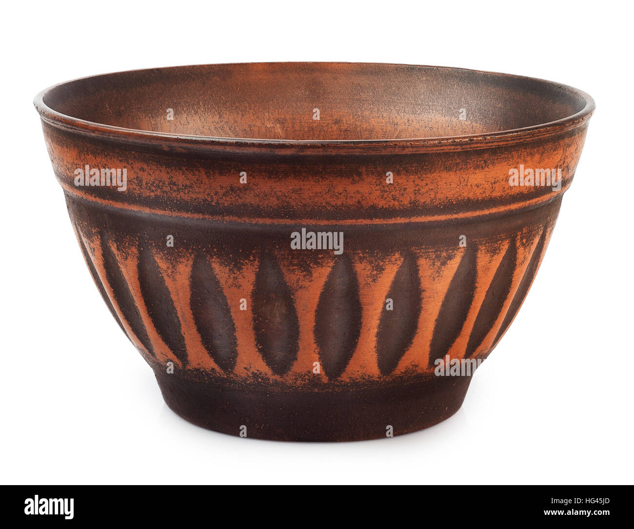 Empty brown with orange stripes decorative clay bowl isolated on white ...