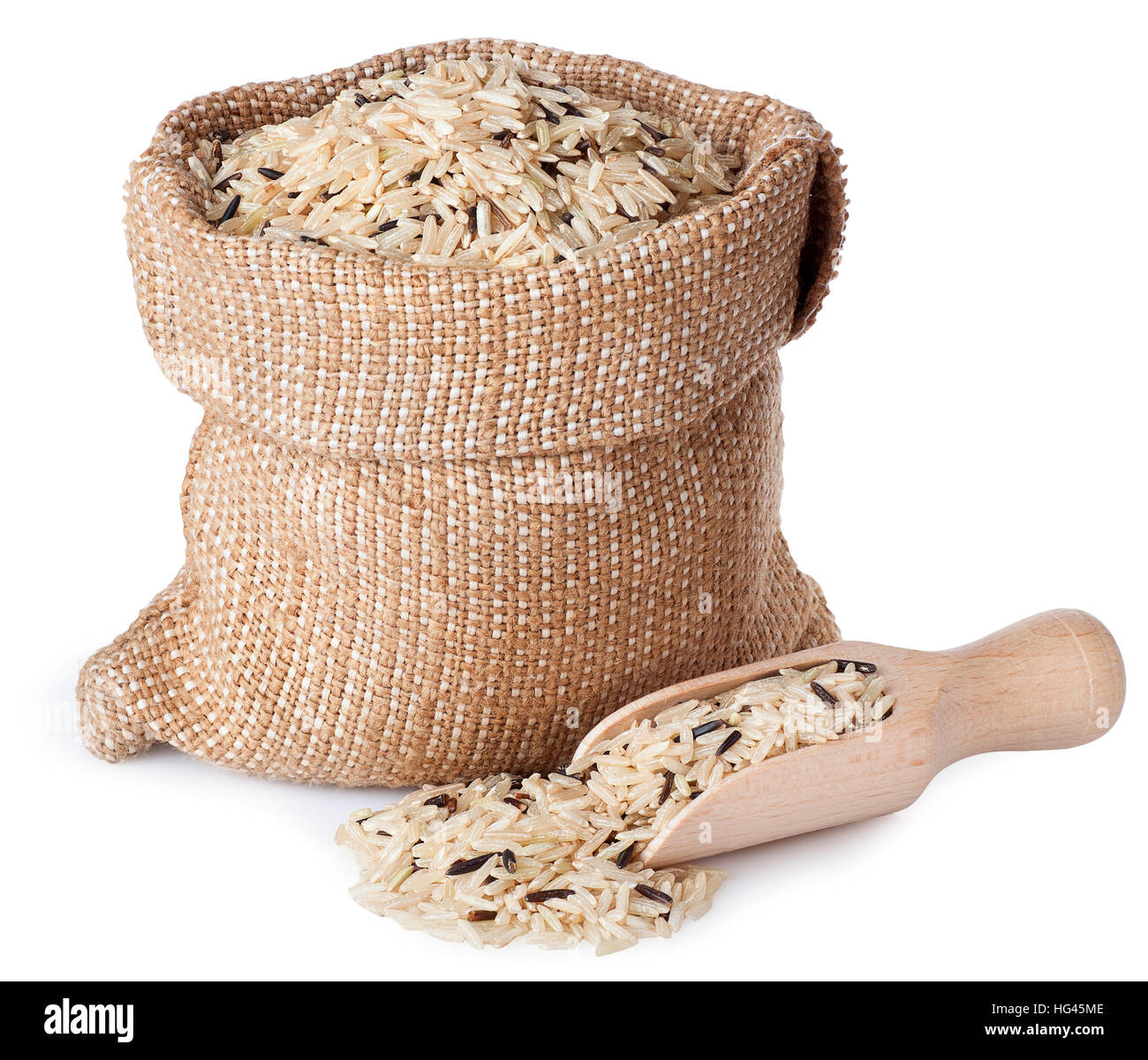 mixed of brown and wild rice in burlap bag with wooden scoop isolated ...