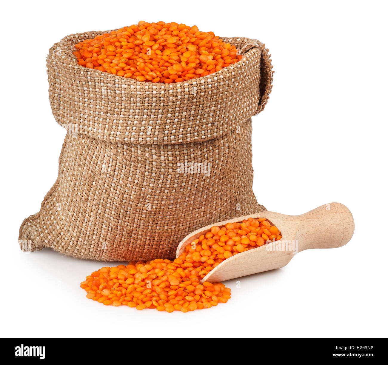 red lentils in burlap bag with wooden scoop isolated on white ...