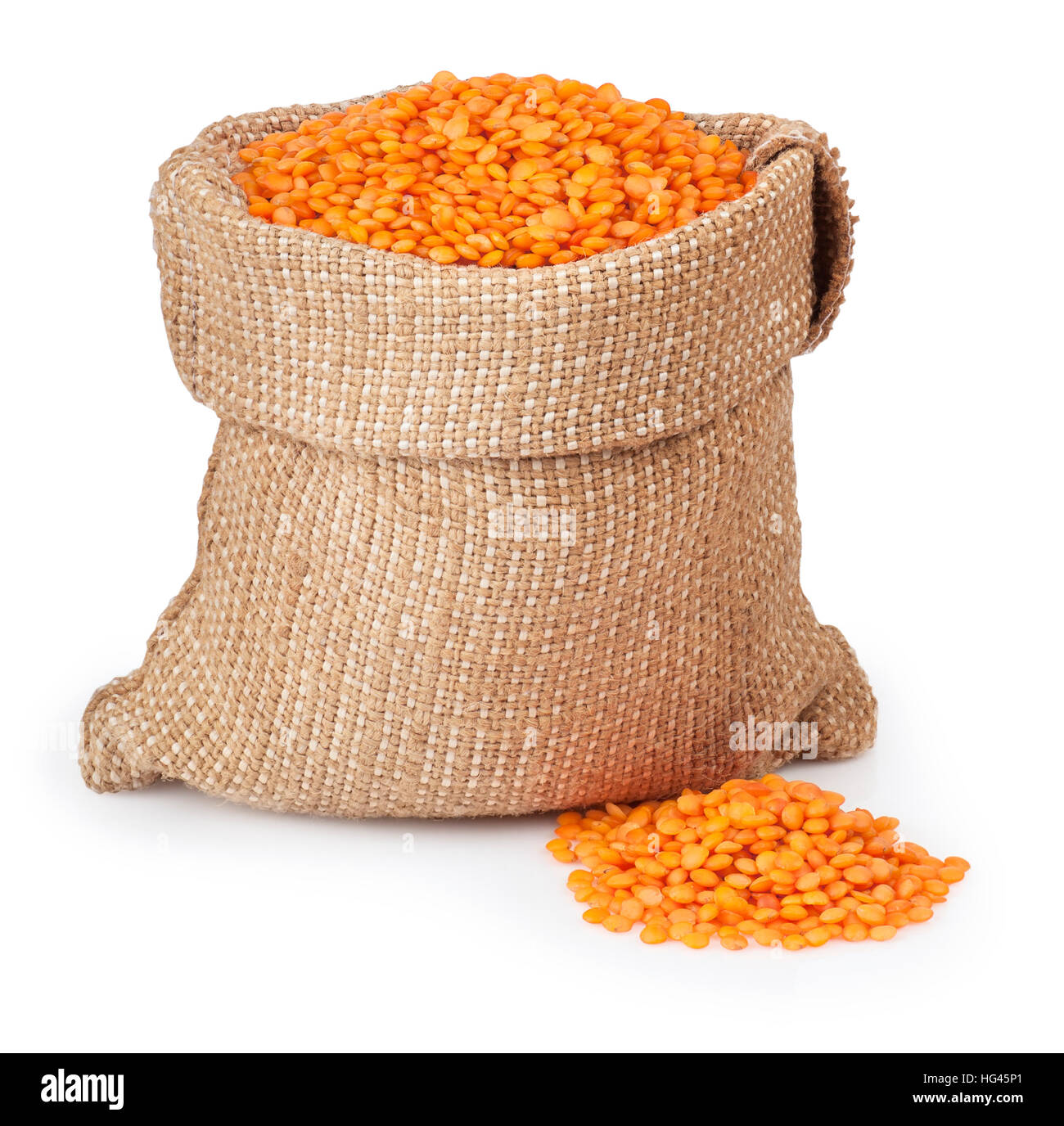 red lentils in burlap bag and heap of red lentils isolated on white ...