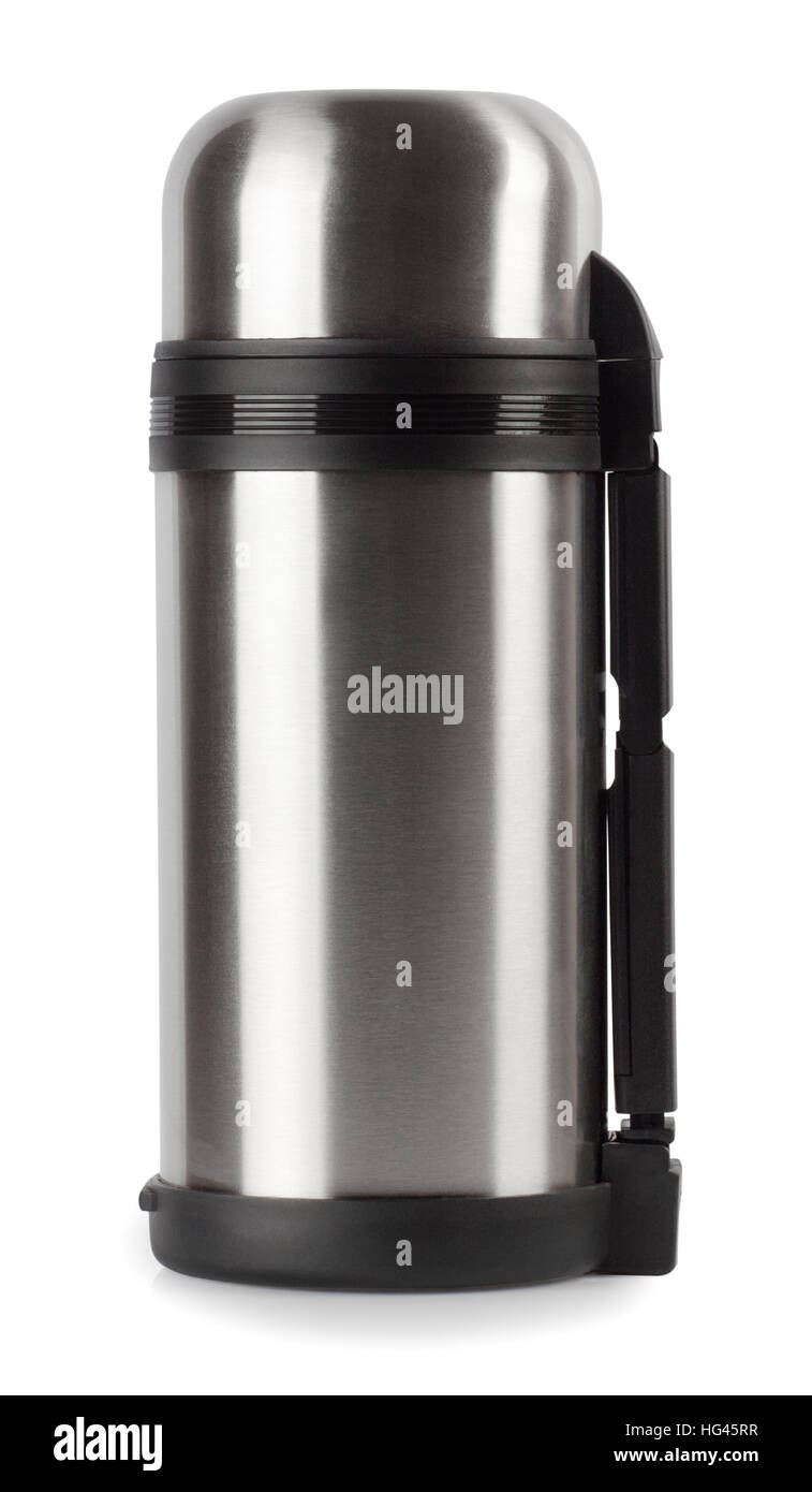 one metallic closed thermos flask isolated on white background Stock ...