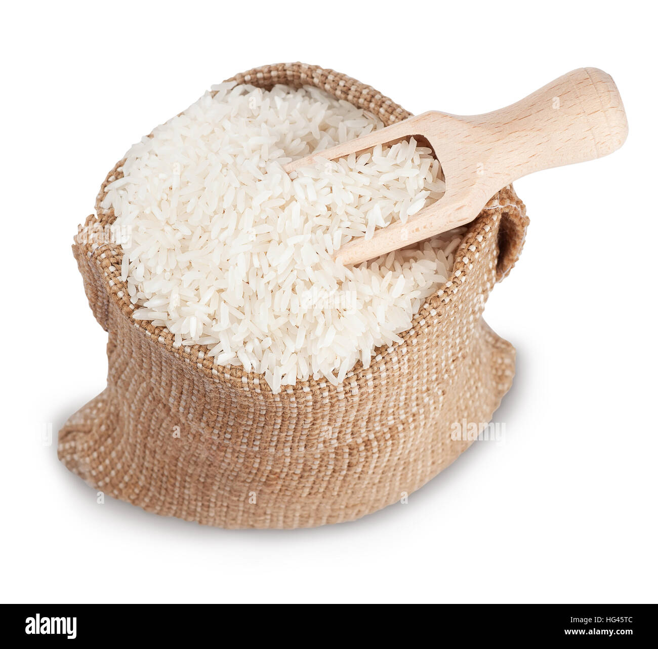White long rice in small burlap sack with wooden scoop isolated on ...