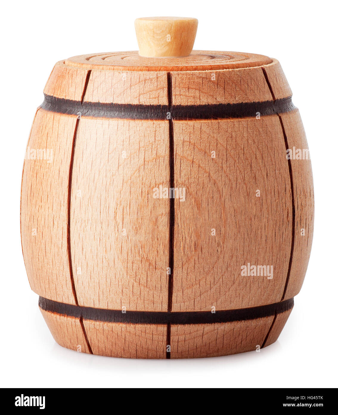 Small wooden barrel covered isolated on white background closeup with ...