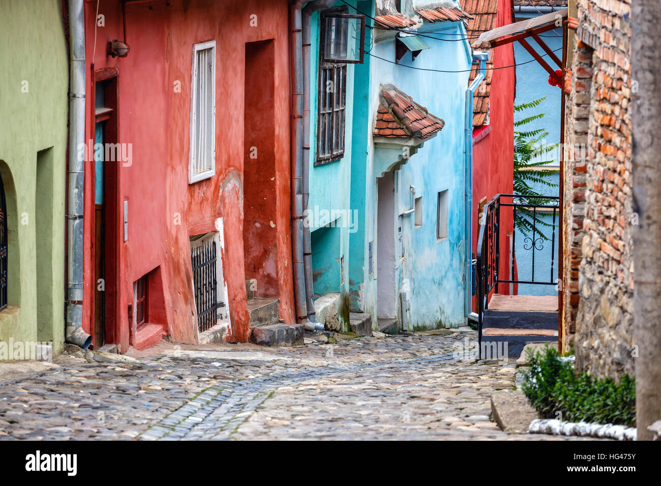 Medieval street view in Sighisoara, Romania Stock Photo - Alamy