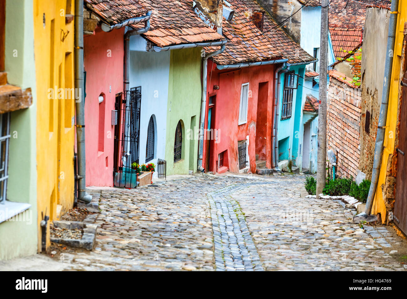 Medieval street view in Sighisoara, Romania Stock Photo - Alamy