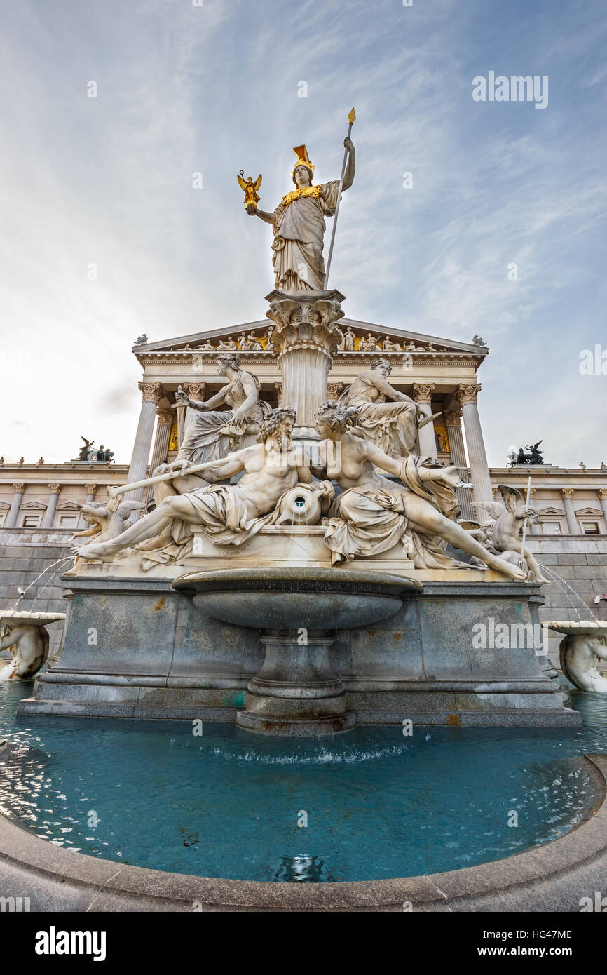 facade of austrian parliament building with Pallas Athena fountain in ...