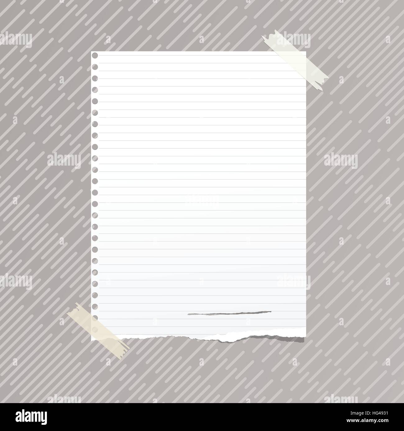Ripped white ruled note, notebook, copybook paper sheet stuck on gray ...