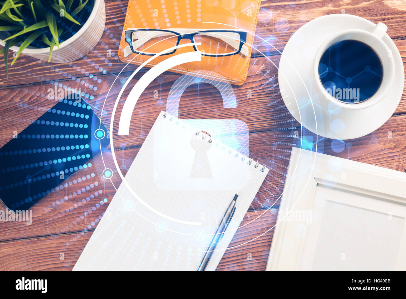 Business workplace with notepad and security concept on screen Stock ...