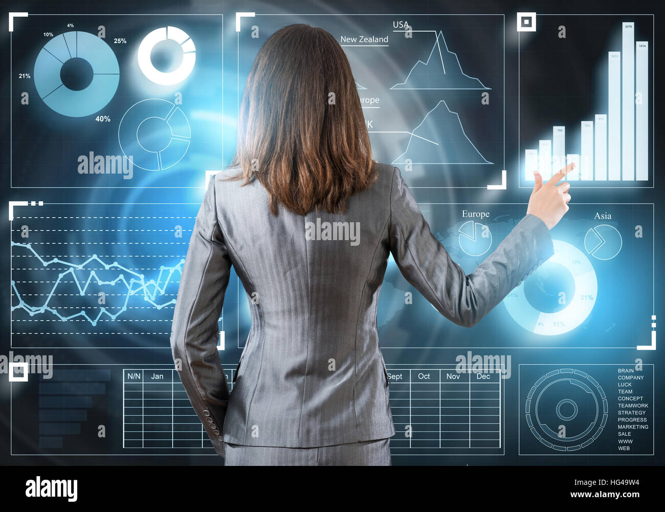 Businesswoman standing with back and pressing icon on media screen ...