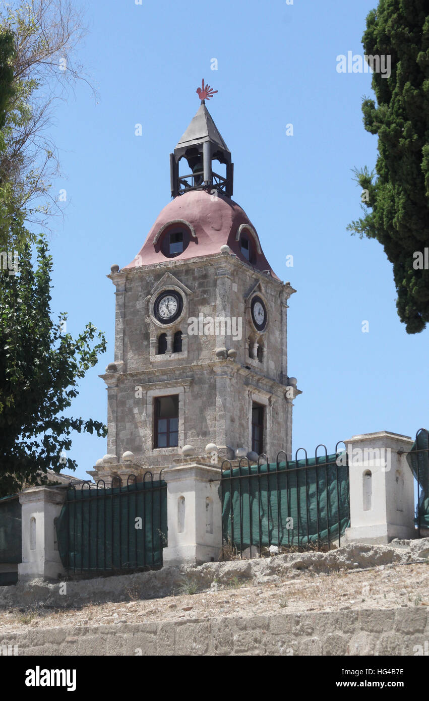 View of the Roloi (Clock Tower) in the Old Town Rhodes, Greece Stock ...