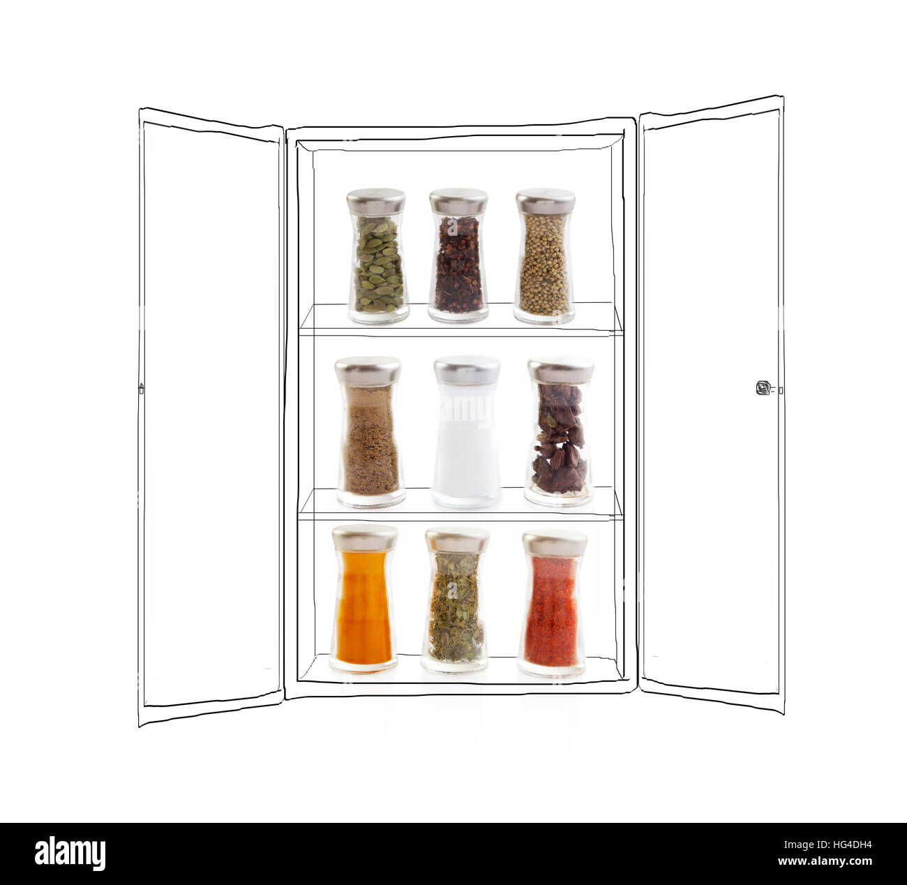 Assorted spices in drawing of shelf Stock Photo - Alamy