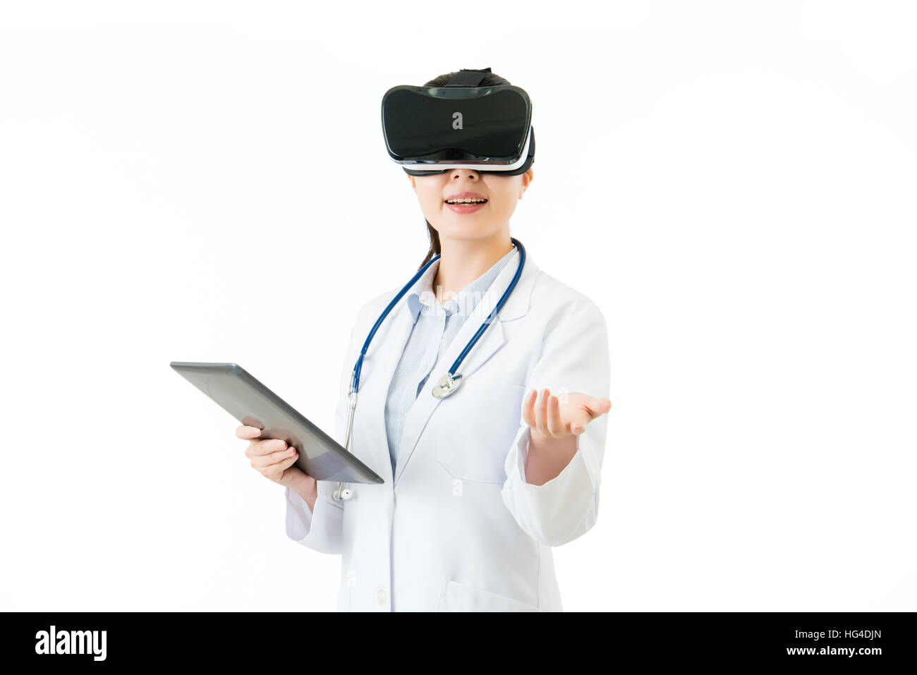 asian female doctor use digital tablet control virtual reality hand up ...