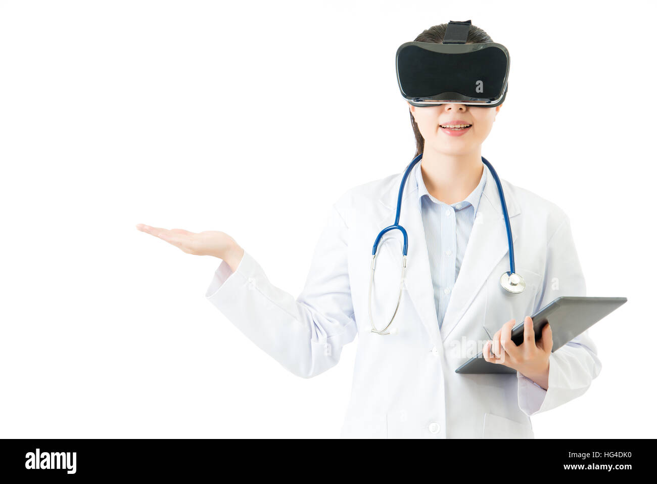 asian female doctor use digital tablet control virtual reality hand up ...