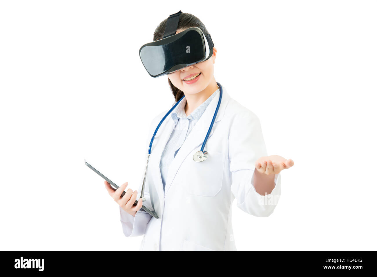 asian female doctor use digital tablet control virtual reality hand up ...