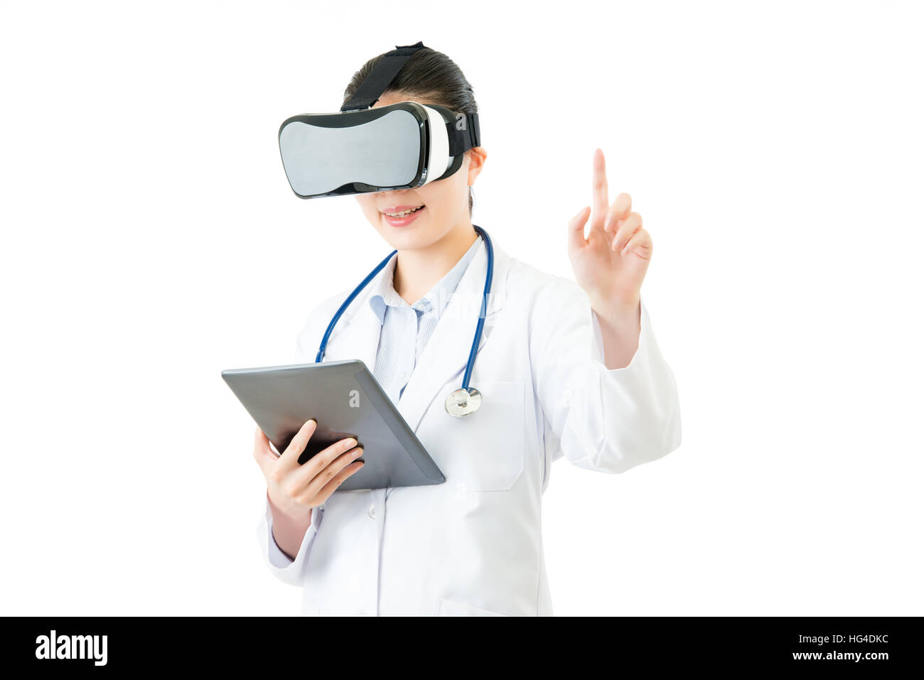 asian female doctor use digital tablet control virtual reality press ...
