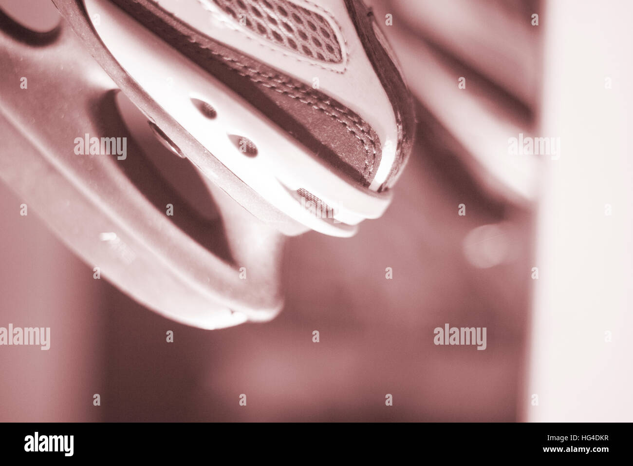 Ice skates in skate store shop window on display on sale for skating on ...
