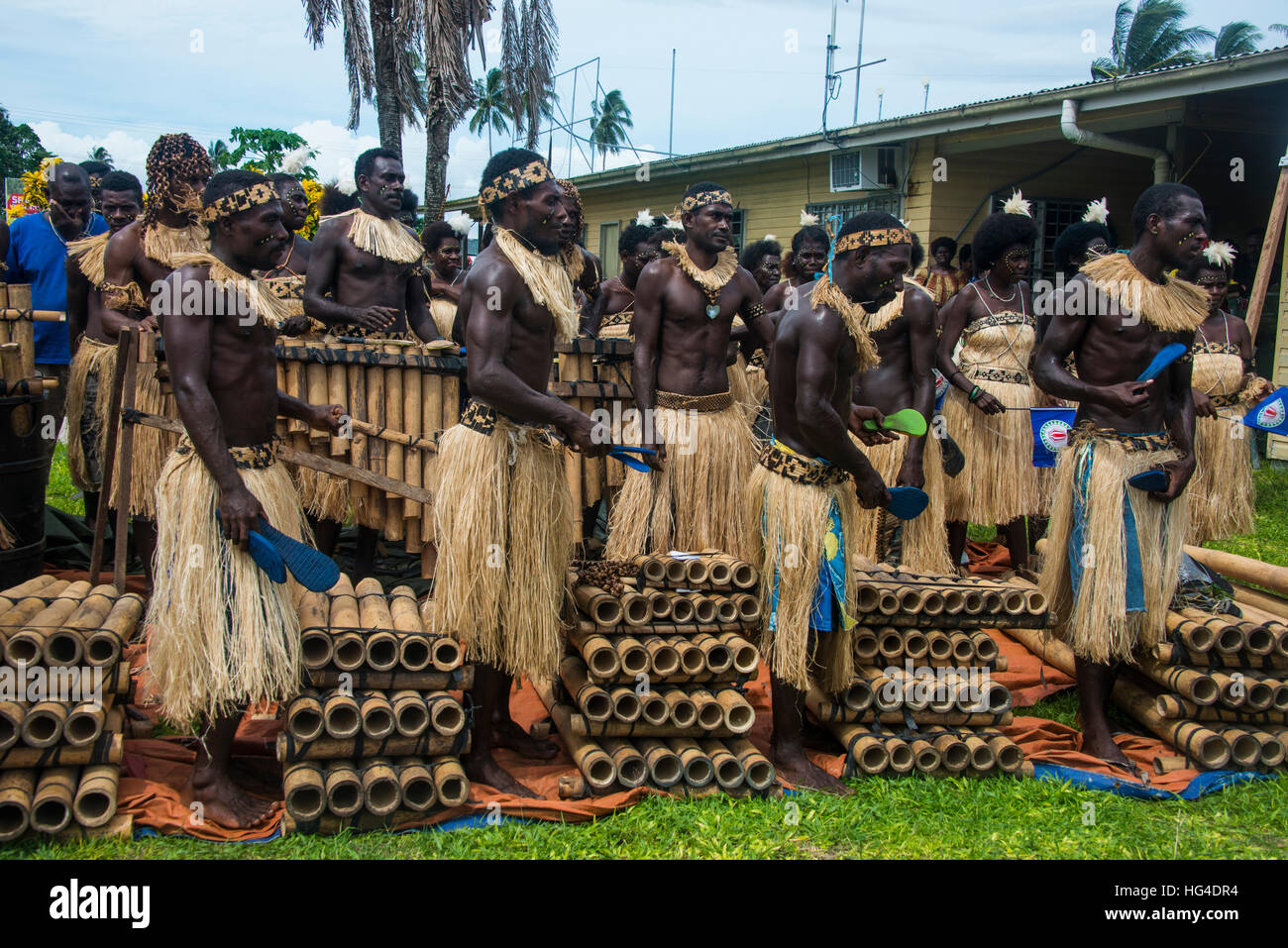 Bamboo band traditionally dressed, Buka, Bougainville, Papua New Guinea ...