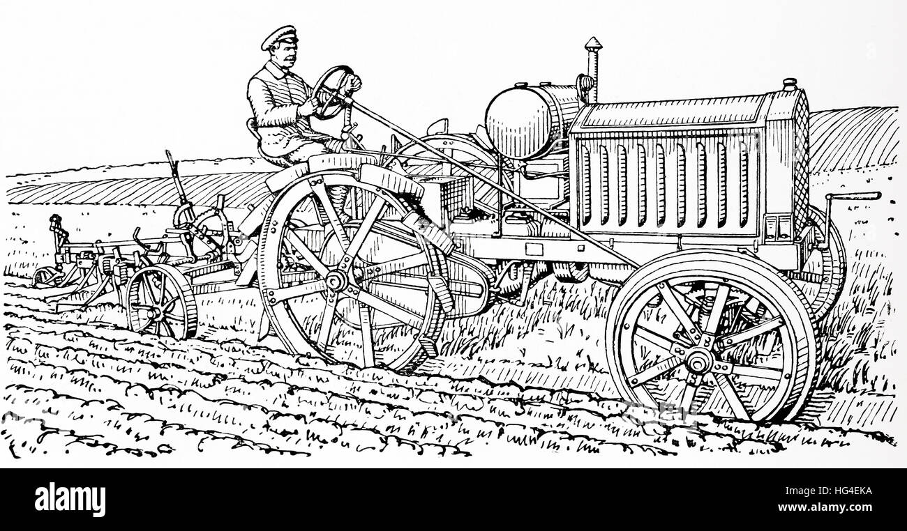 An early 20th century steam motorised tractor drawn furrow plough. From ...