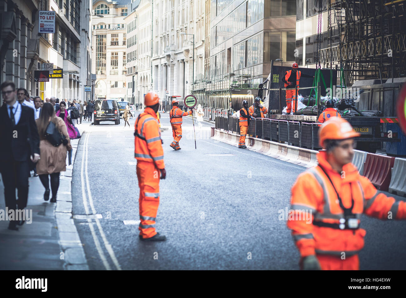 London UK, Workers blocking the road traffic for intervention Stock ...