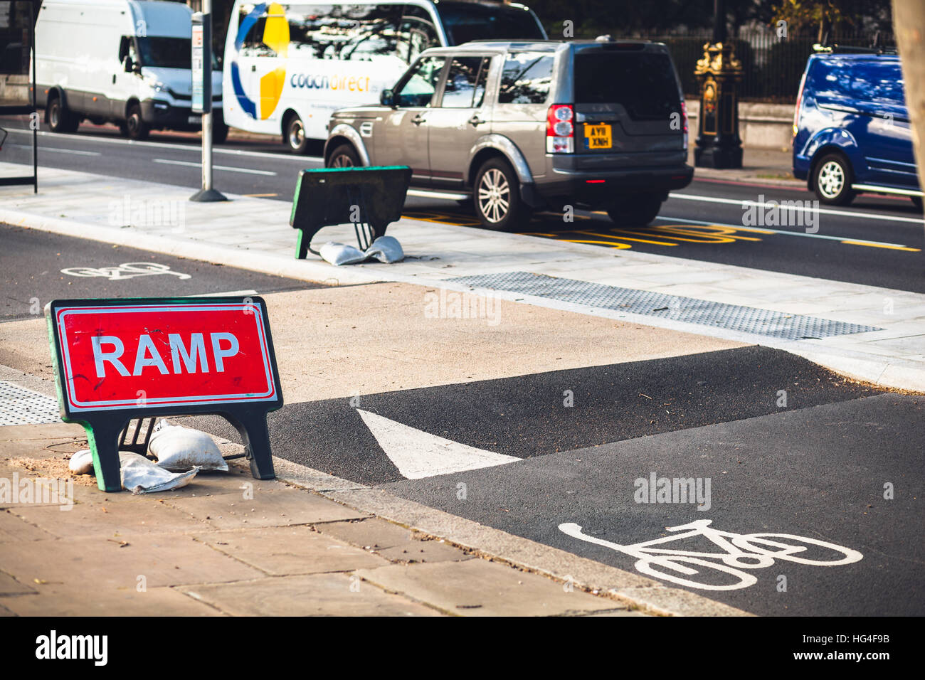 Ramp panel red sign indicator for bicyclists on a track cycling Stock ...