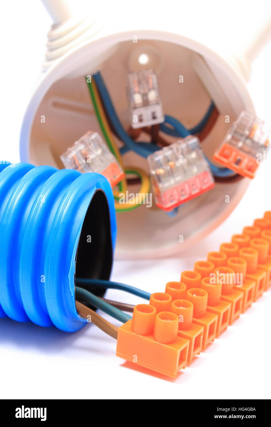 Corrugated plastic pipe, copper wire connections in electrical box and ...