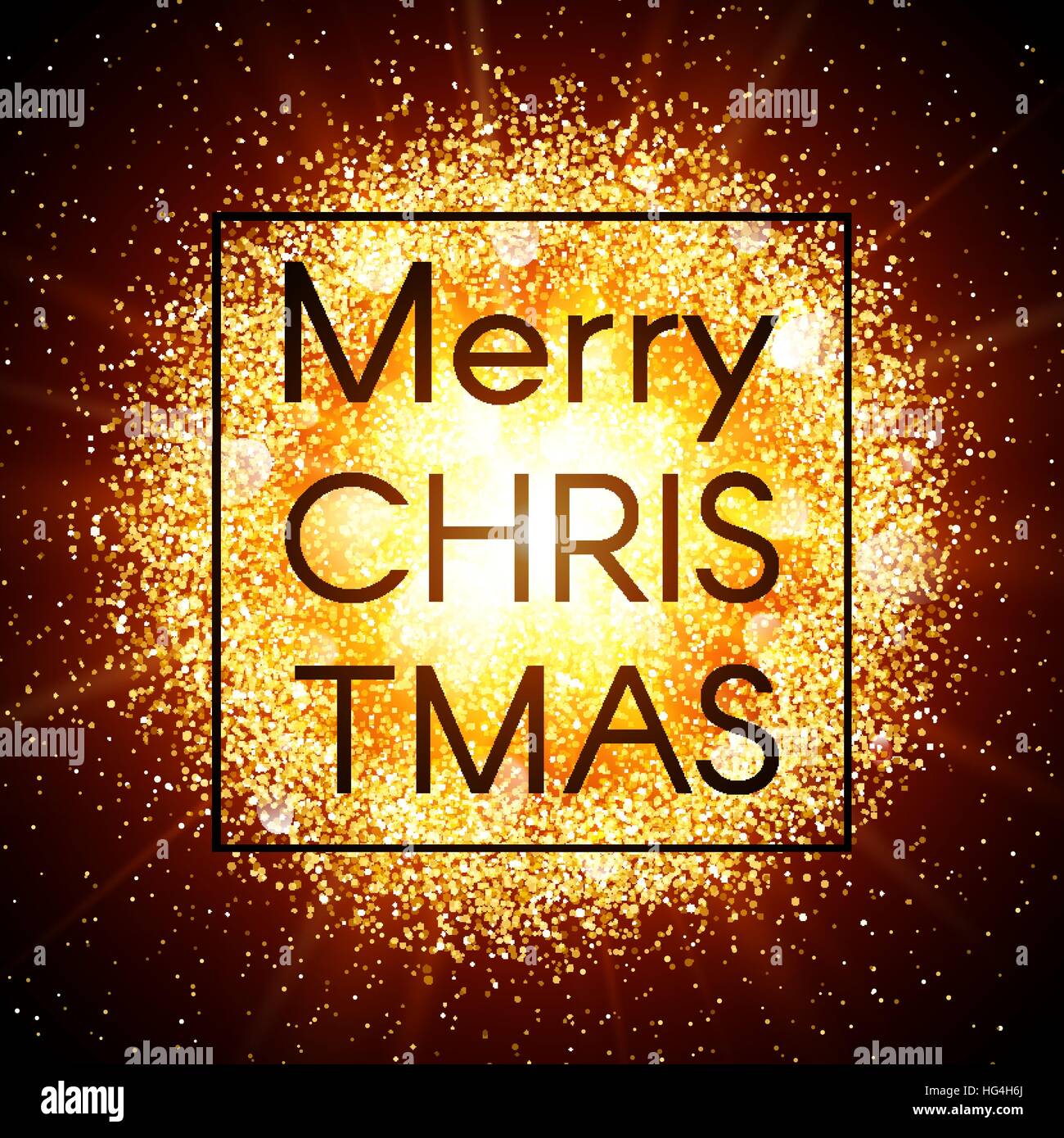 Christmas card on abstract explosion background with gold glittering elements and burst of ...