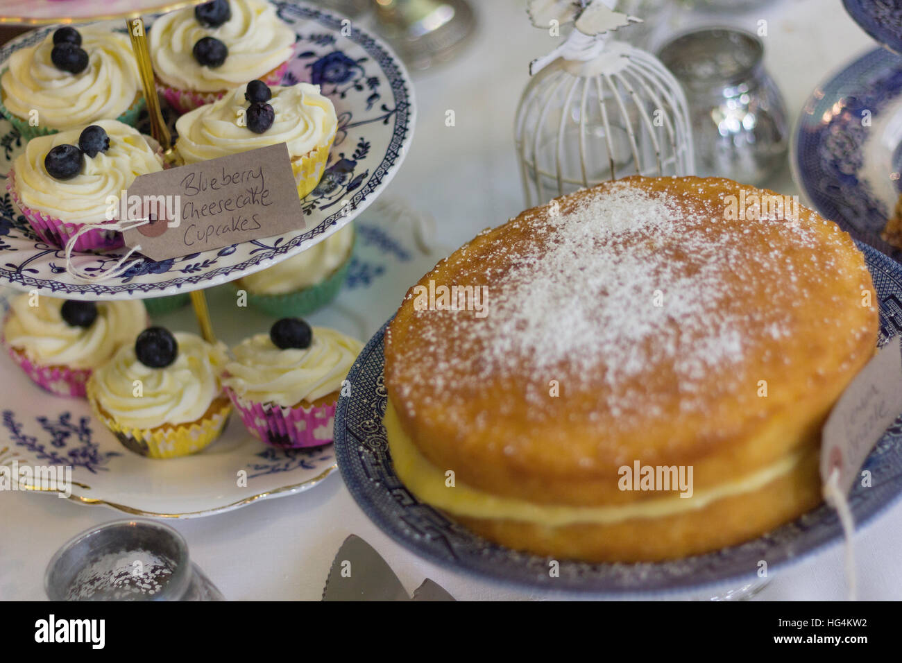 Afternoon tea celebration wedding buffet on blue and white porcelain ...